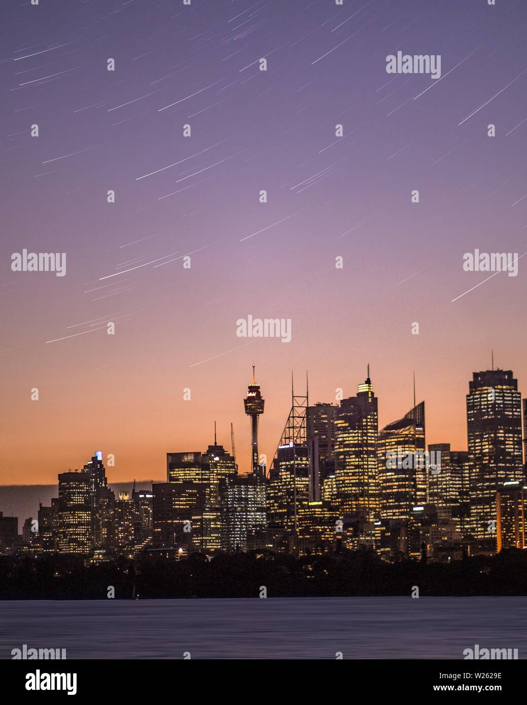 Beautiful long range shot of Sydney, Australia skyline at night with ...