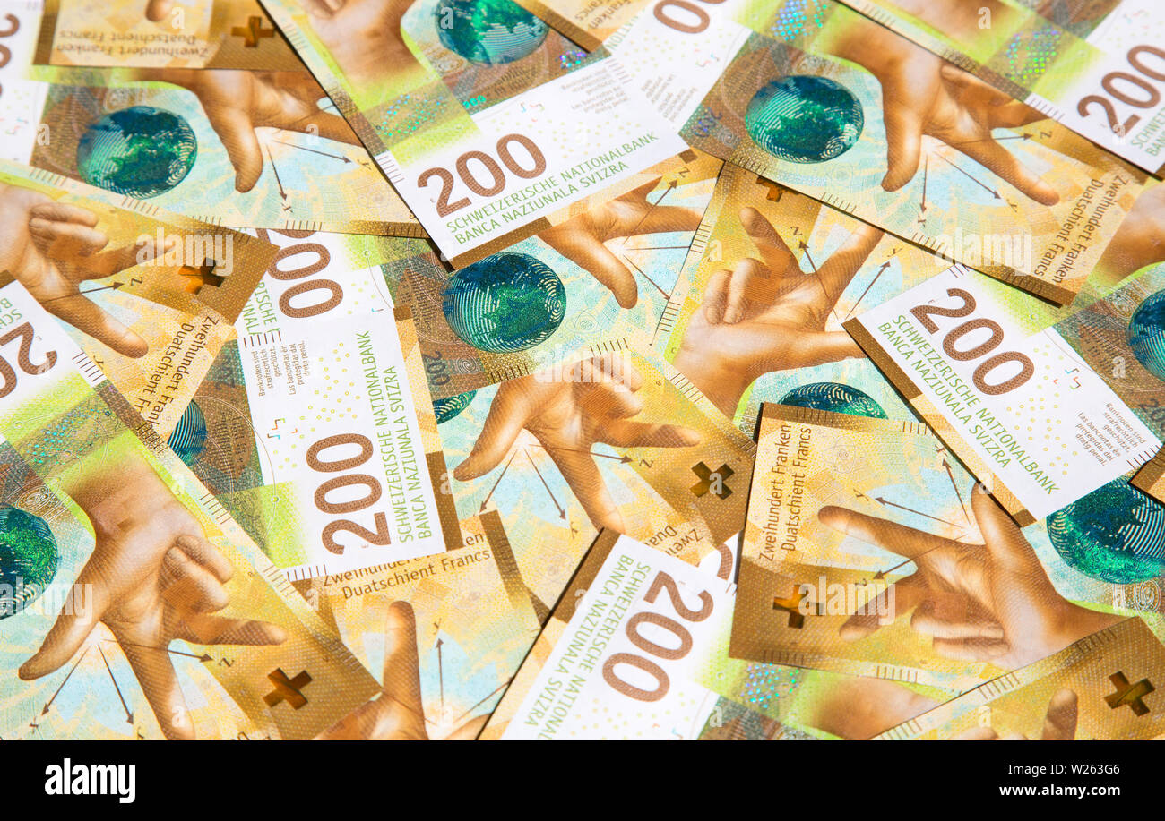 Collection of the barnd new swiss 200 franks banknotes (issued in 2018 ...
