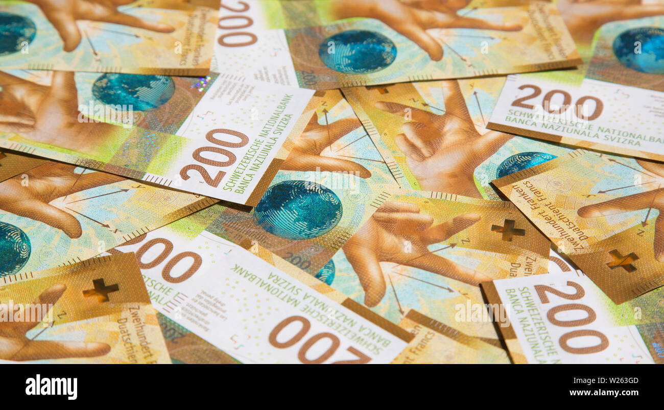 Collection of the barnd new swiss 200 franks banknotes (issued in 2018 ...