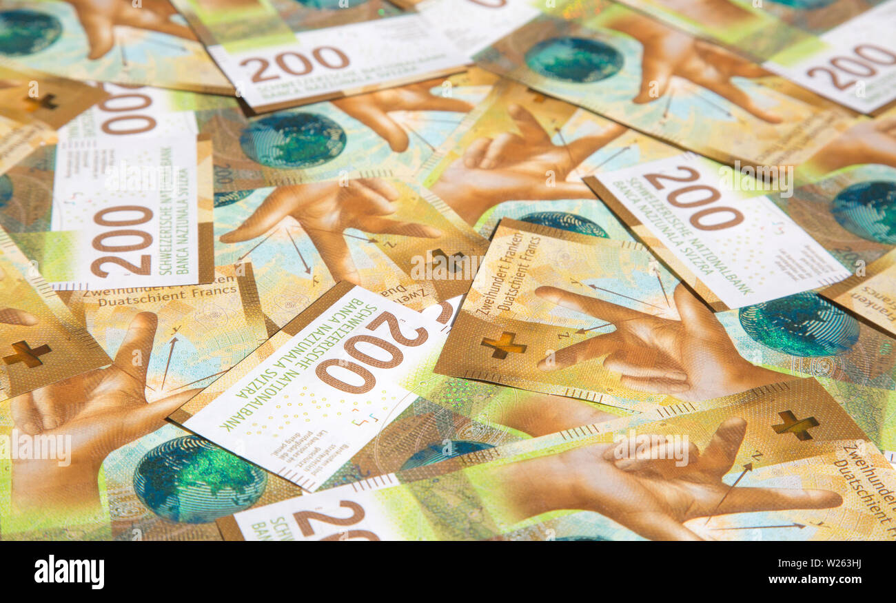 Collection of the barnd new swiss 200 franks banknotes (issued in 2018 ...
