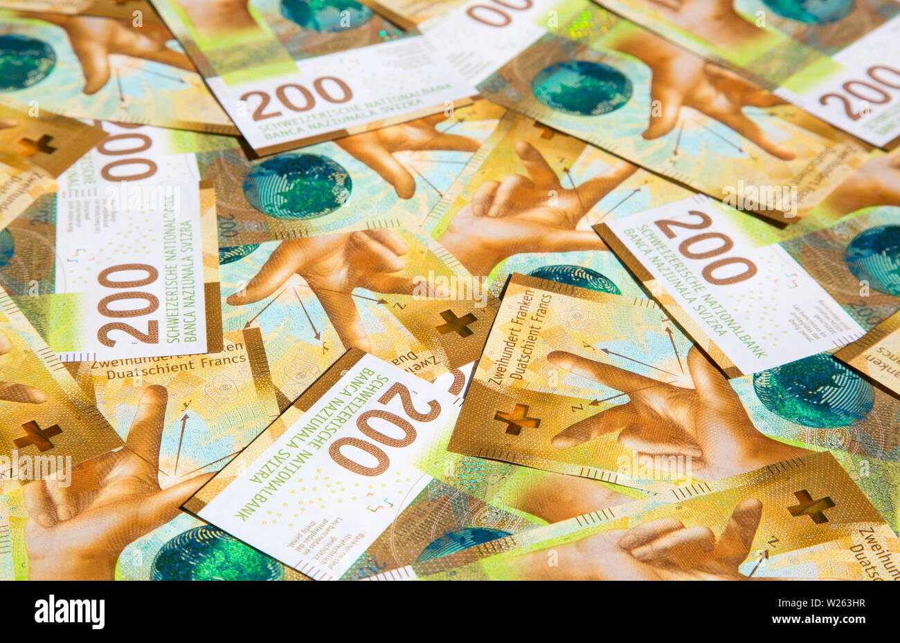 Collection of the barnd new swiss 200 franks banknotes (issued in 2018 ...