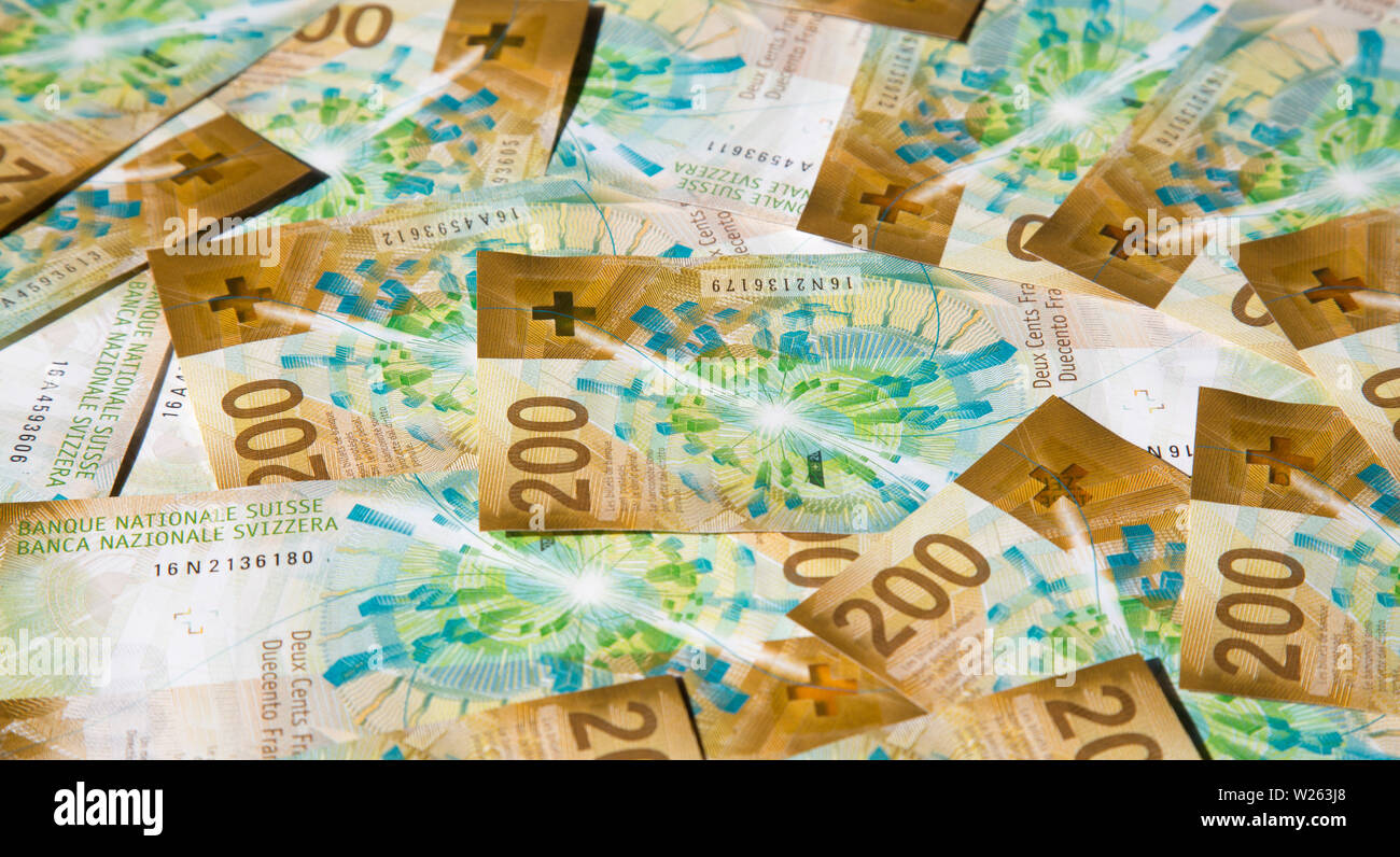 Collection of the barnd new swiss 200 franks banknotes (issued in 2018 ...