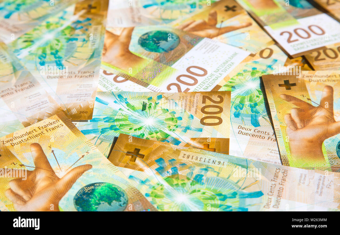 Collection of the barnd new swiss 200 franks banknotes (issued in 2018 ...
