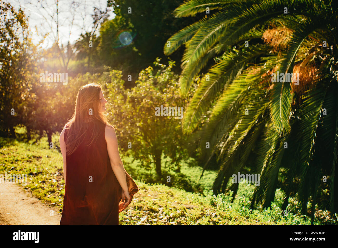 Young woman admiring plants and tropical palm tree in the La Concepcion ...