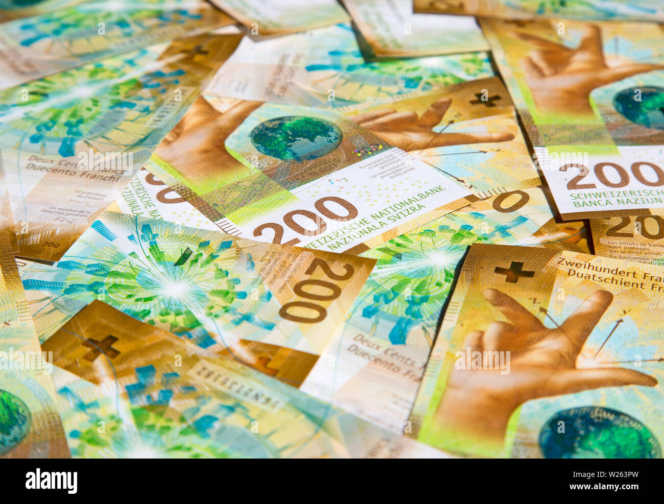 Collection of the barnd new swiss 200 franks banknotes (issued in 2018 ...