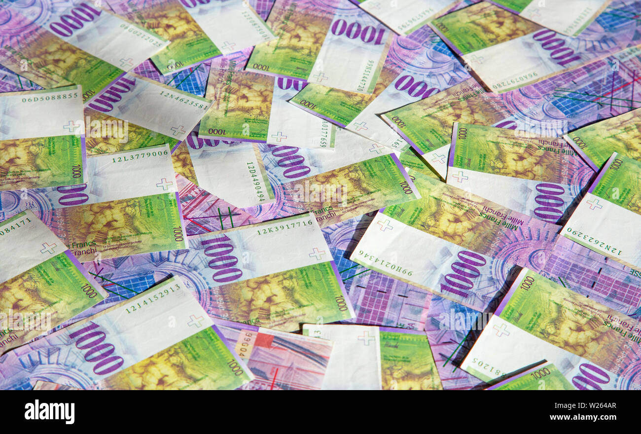 Collection of the Swiss 1000 franks banknotes. 1000 franks note issued ...