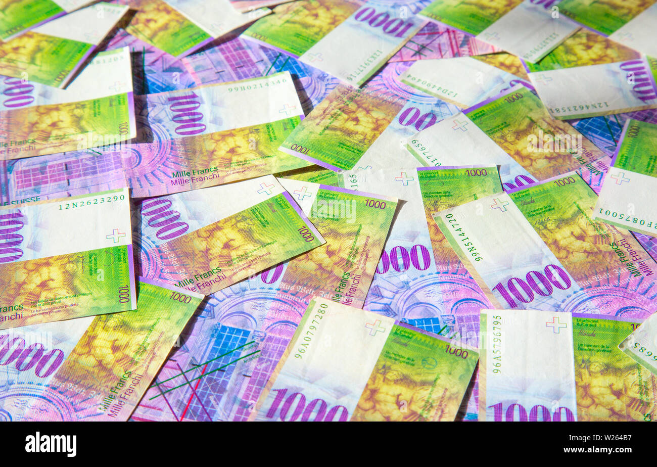 Collection of the Swiss 1000 franks banknotes. 1000 franks note issued ...