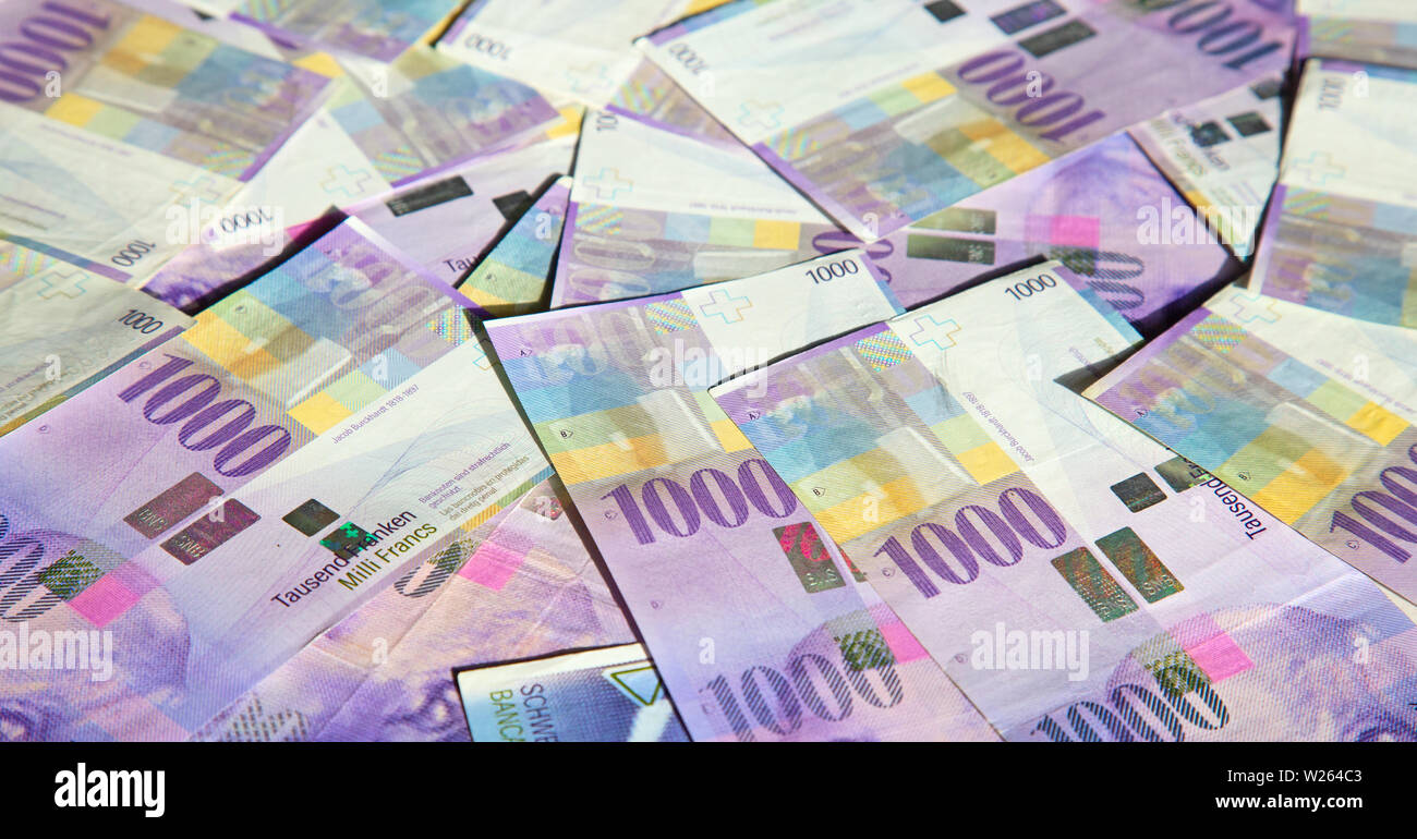 Collection of the Swiss 1000 franks banknotes. 1000 franks note issued ...