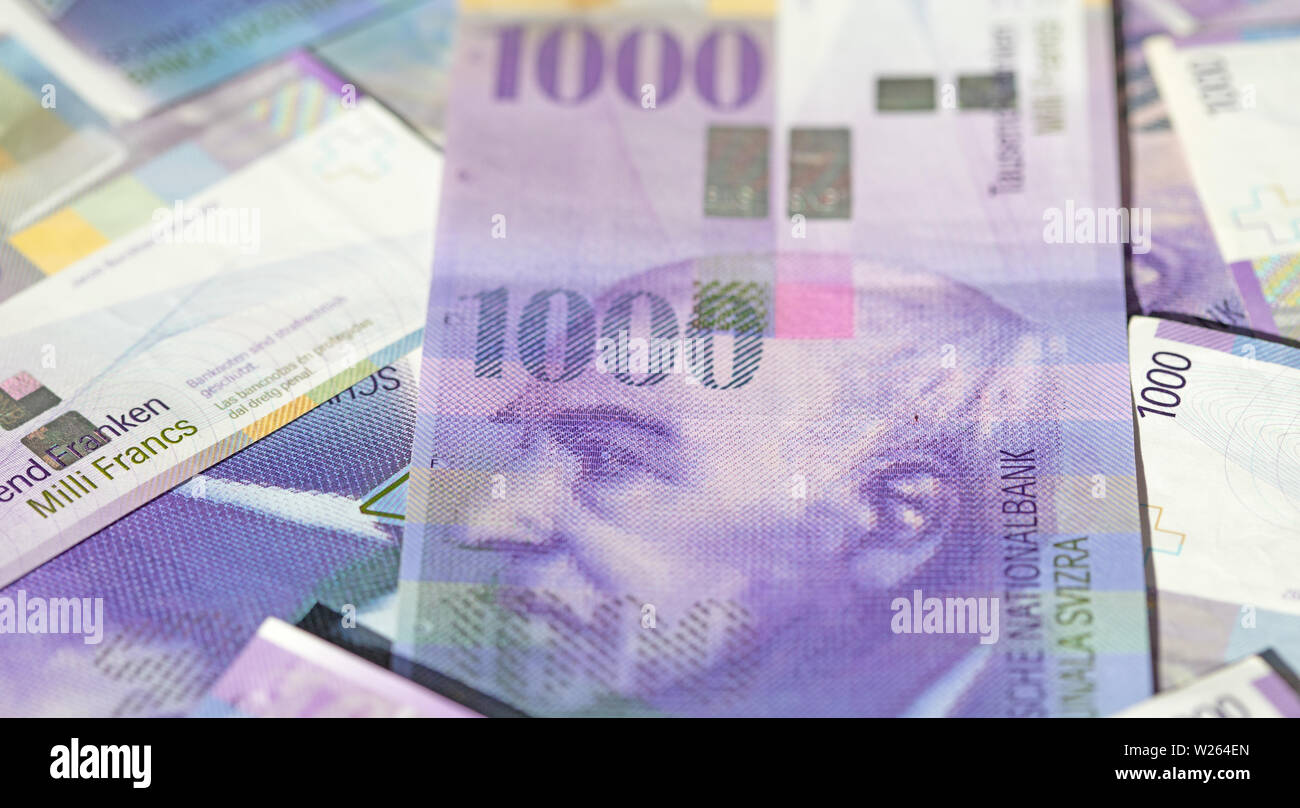 Collection of the Swiss 1000 franks banknotes. 1000 franks note issued ...