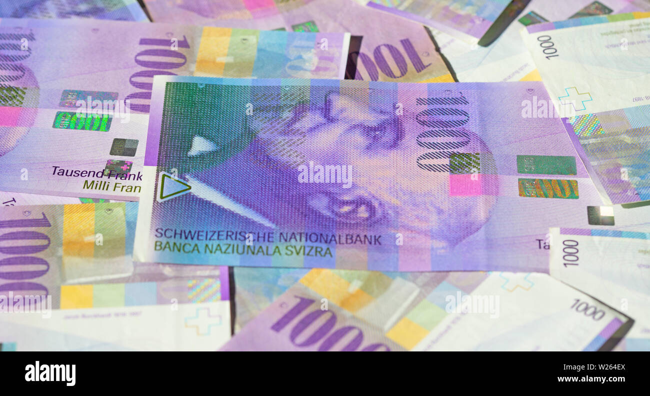 Collection of the Swiss 1000 franks banknotes. 1000 franks note issued ...