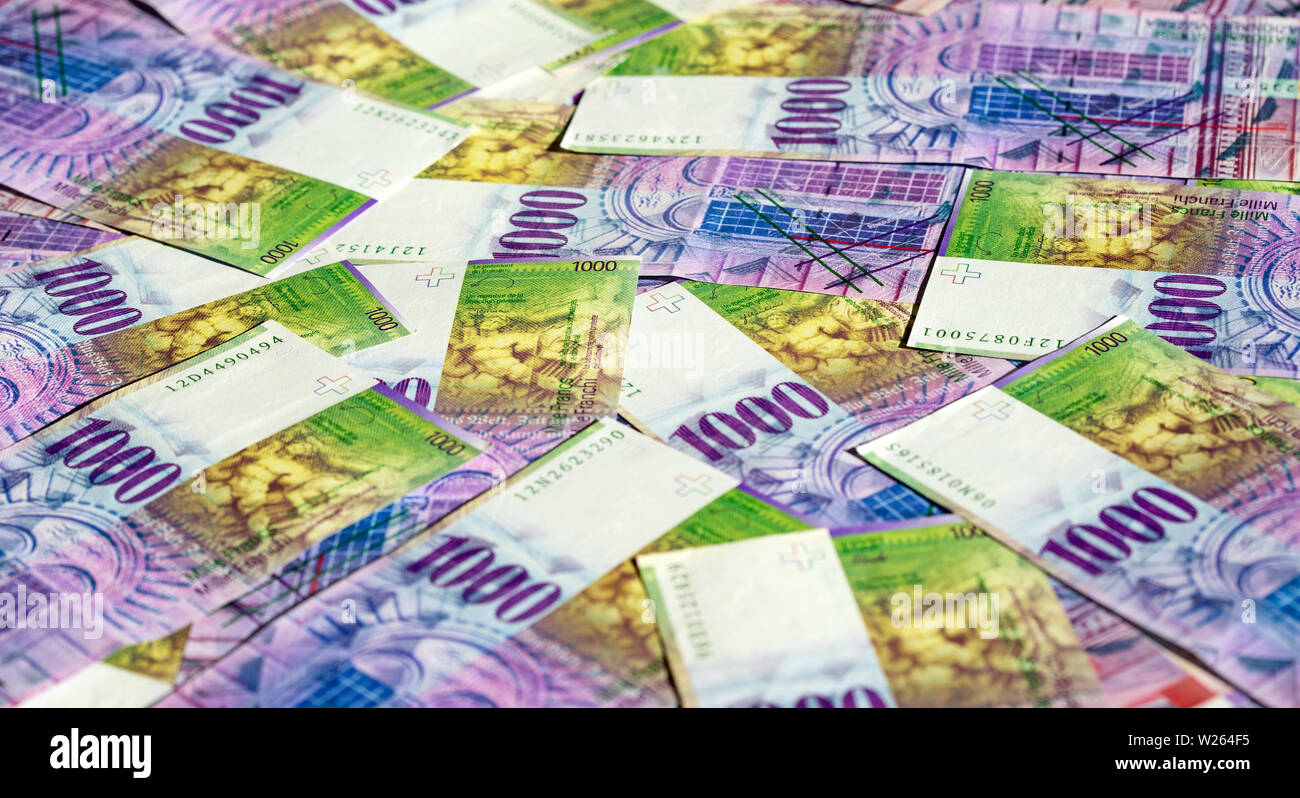 Collection of the Swiss 1000 franks banknotes. 1000 franks note issued ...