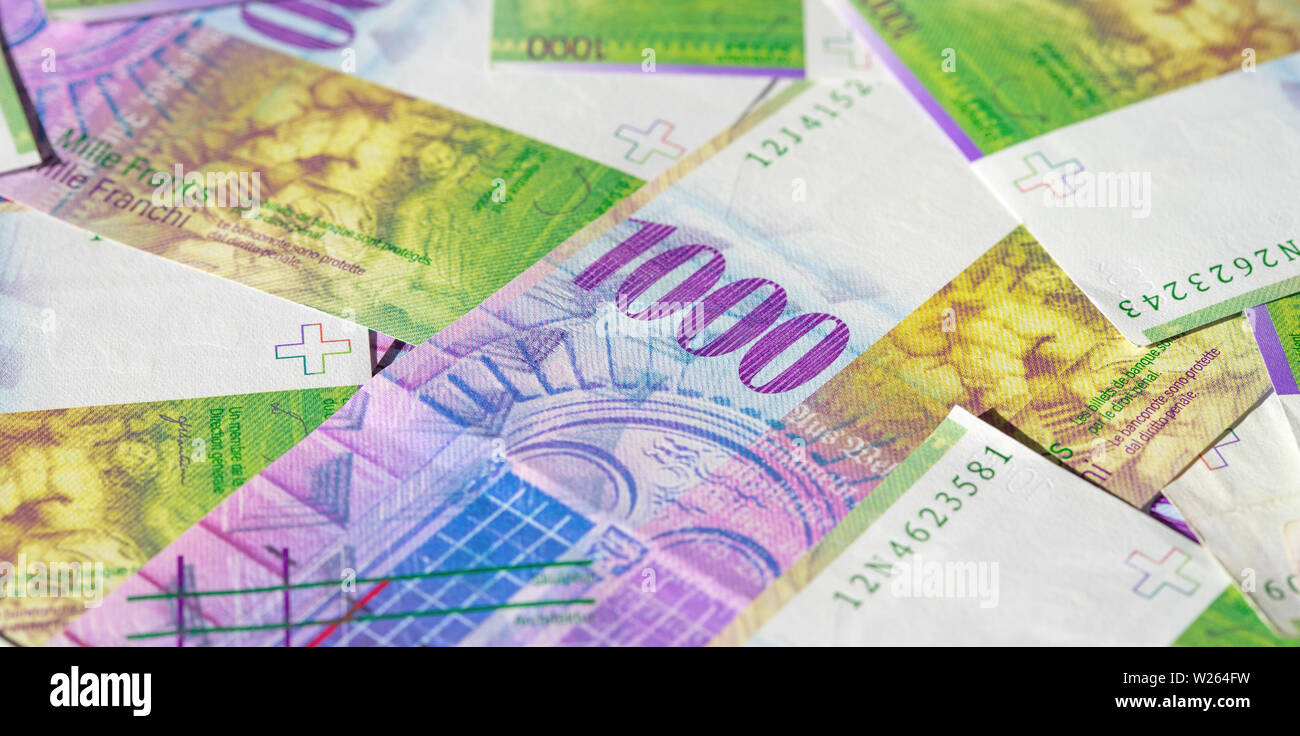 Collection of the Swiss 1000 franks banknotes. 1000 franks note issued ...