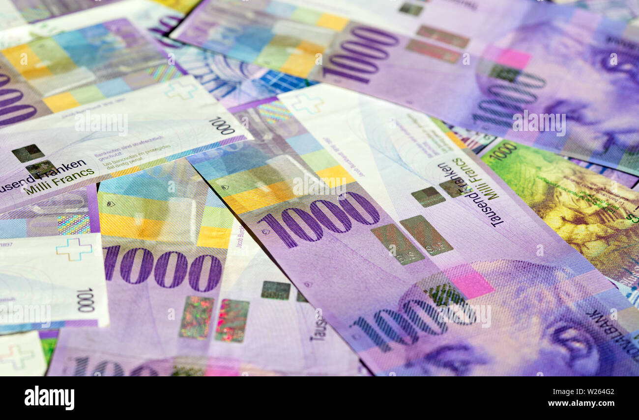 Collection of the Swiss 1000 franks banknotes. 1000 franks note issued ...
