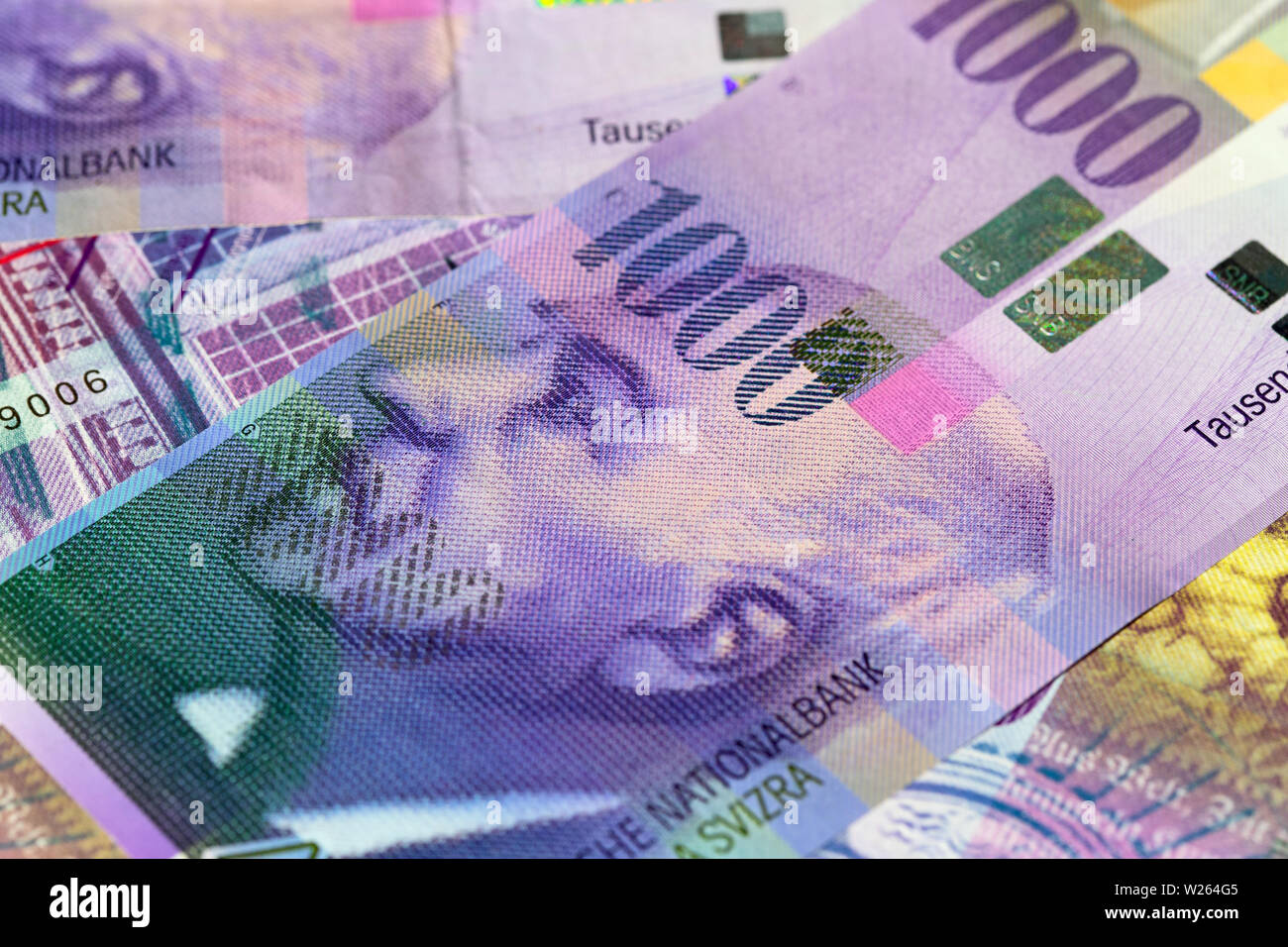 Collection of the Swiss 1000 franks banknotes. 1000 franks note issued ...