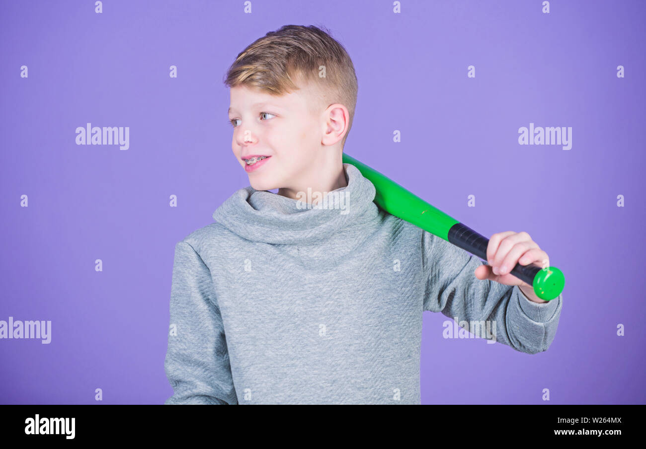 Join baseball team. Sport and baseball training concept. Boy hold ...