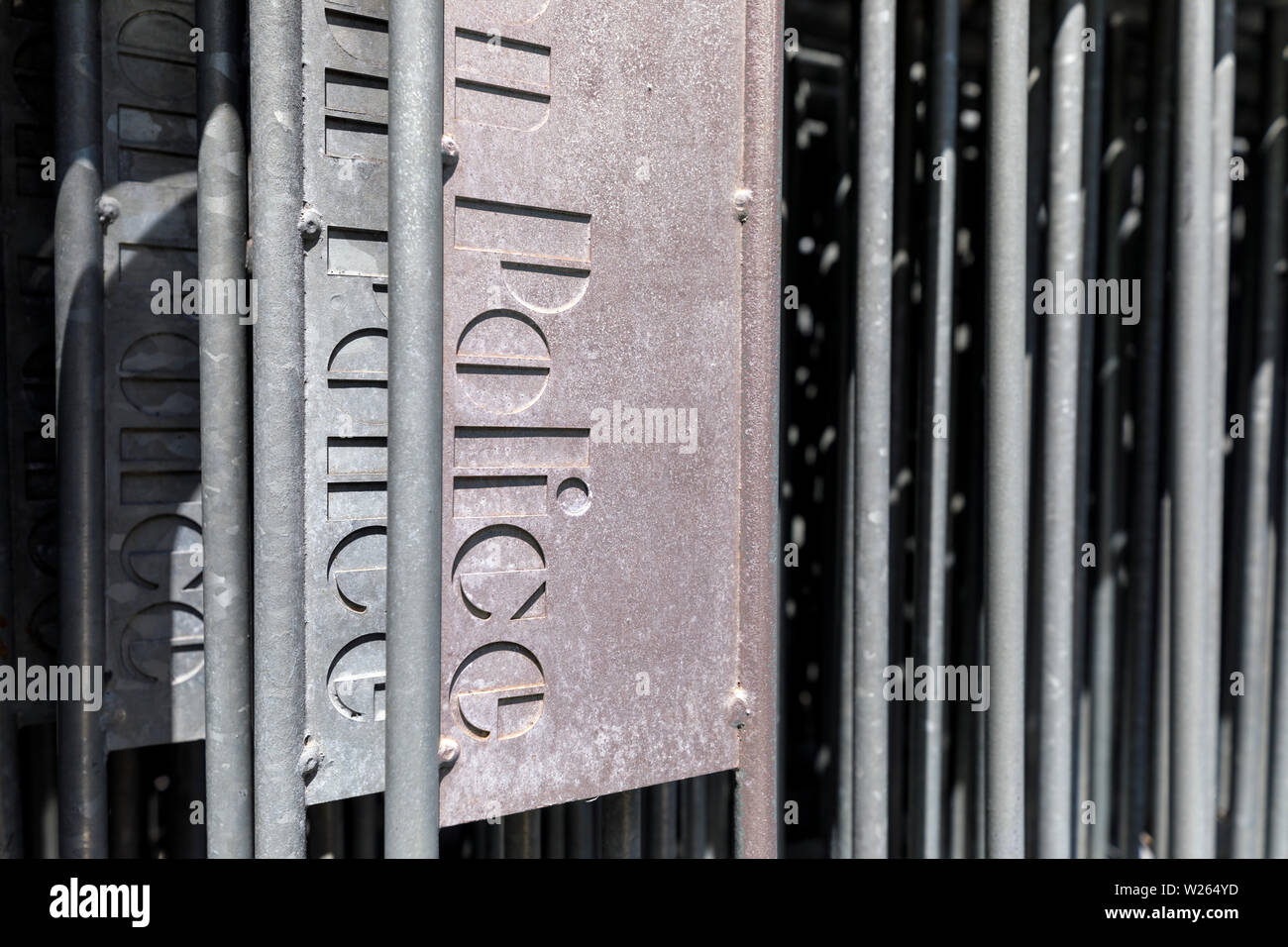 A stack of metal police barricades before event, Boston, Massachusetts ...