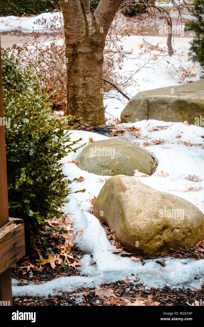 Stones in the snow behind a dorm on IUP campus Stock Photo - Alamy