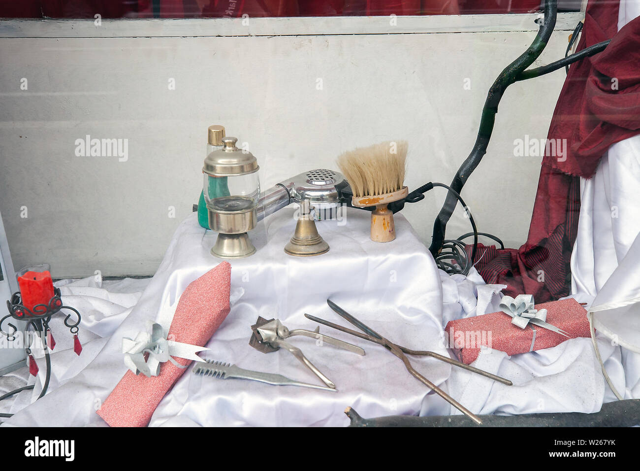 Vintage hairdressing tools. Old hair dryer, scissors, razors Stock ...
