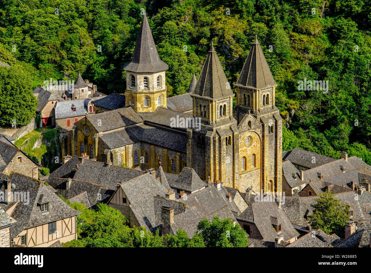 Elevated view of Conques village and abbey-church of Sainte-Foy the ...
