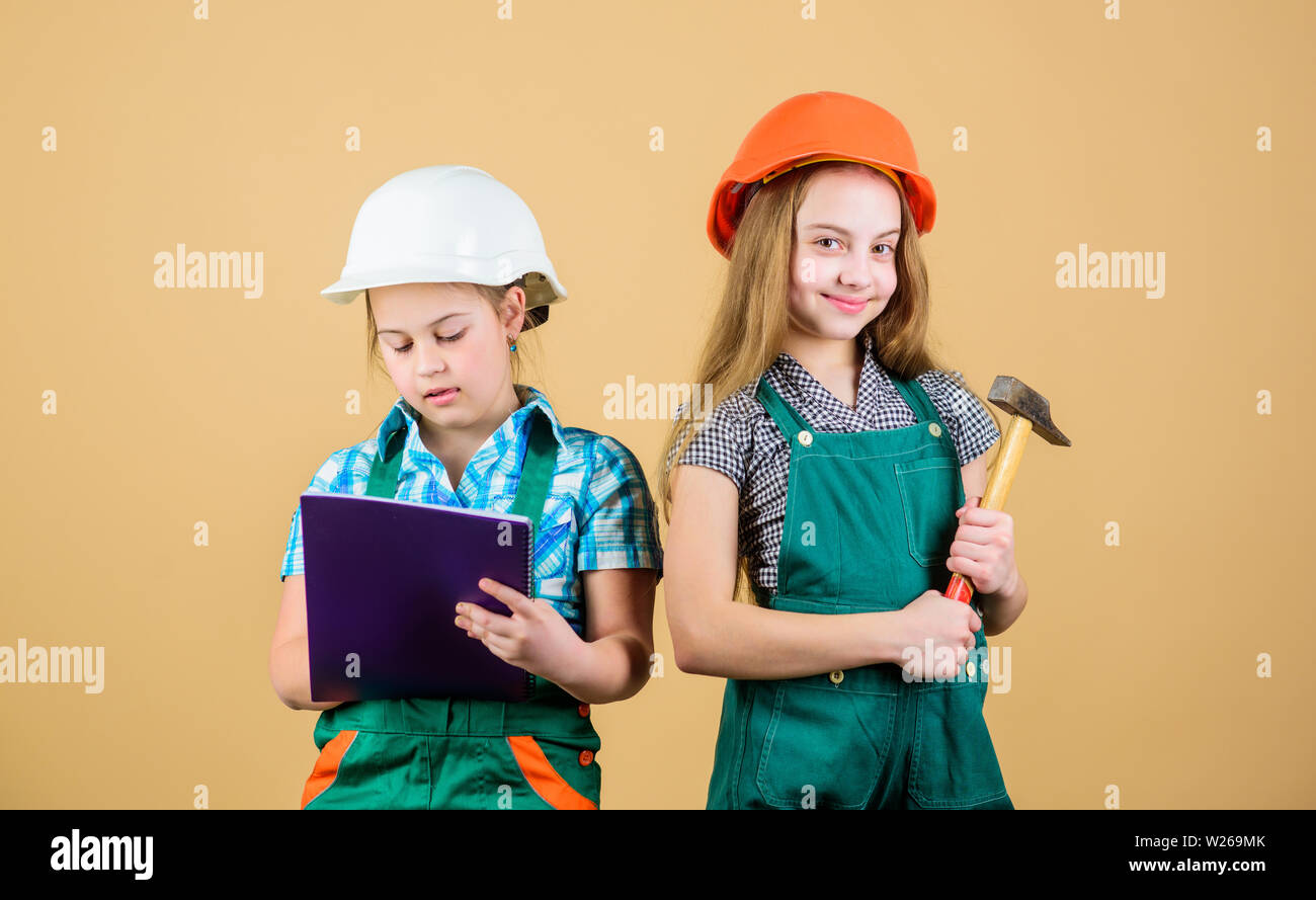 Control renovation process. Kids happy renovating home. Home ...