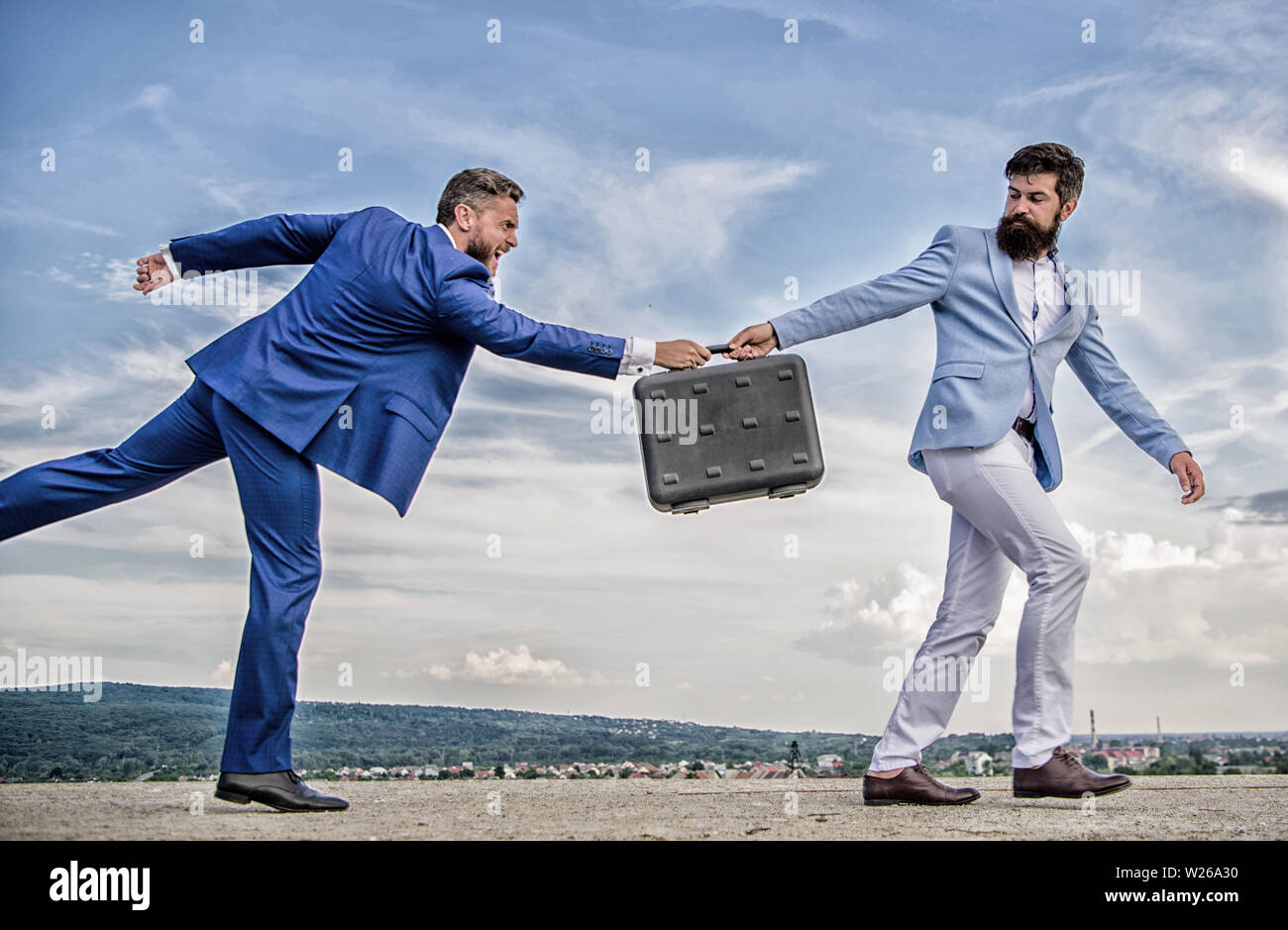 Men suits handover briefcase. Rascal racketeer extortionist cheating ...