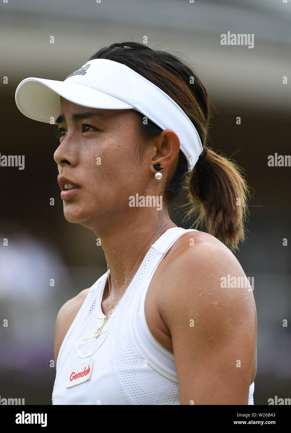 London, Britain. 6th July, 2019. Wang Qiang of China reacts during the ...