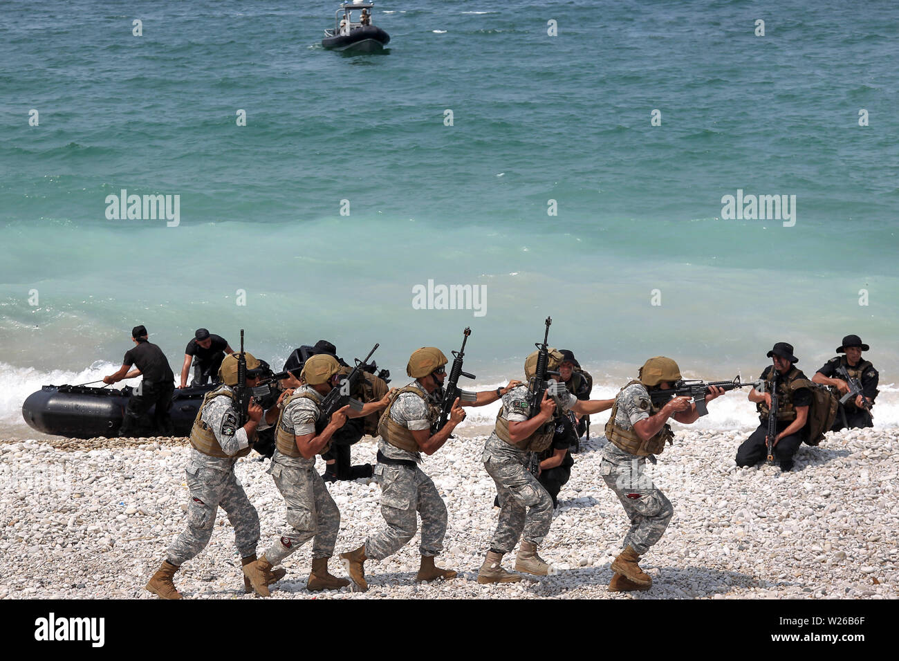 Jounieh, Lebanon. 06th July, 2019. Armed Lebanese commandos simulate ...