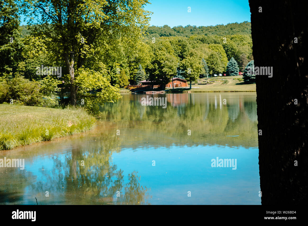 Looking over the lake at the lodge at Blue Spruce Park in Pennsylvania ...