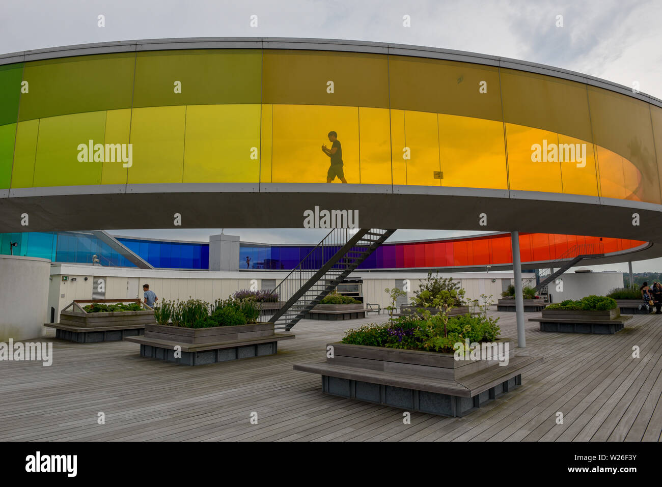 Aarhus, Denmark - 19 June 2019: people walking on the rainbow panorama ...