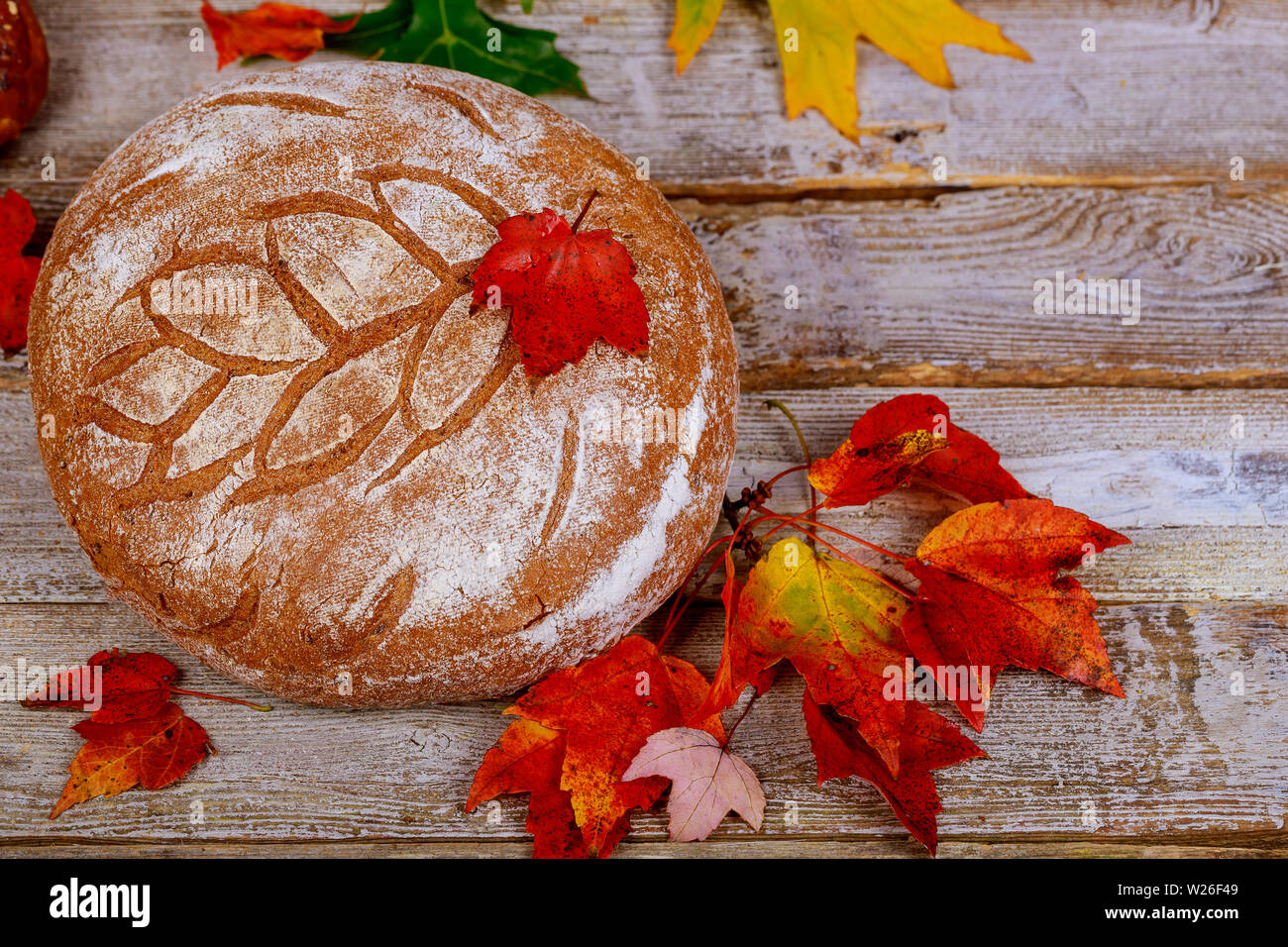 Pieces of bread among the yellow autumn leaves harvest time Stock Photo ...