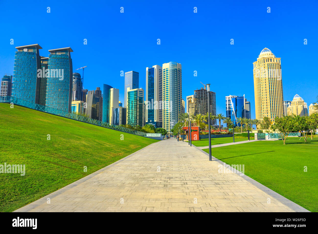 Doha, Qatar - February 20, 2019: landscape of new Sheraton Park and ...