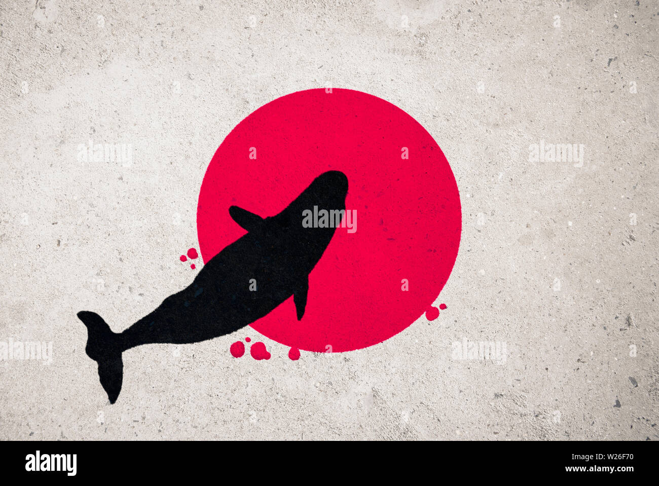 Japanese flag with silhouette of whale with splotches of red in an anti ...
