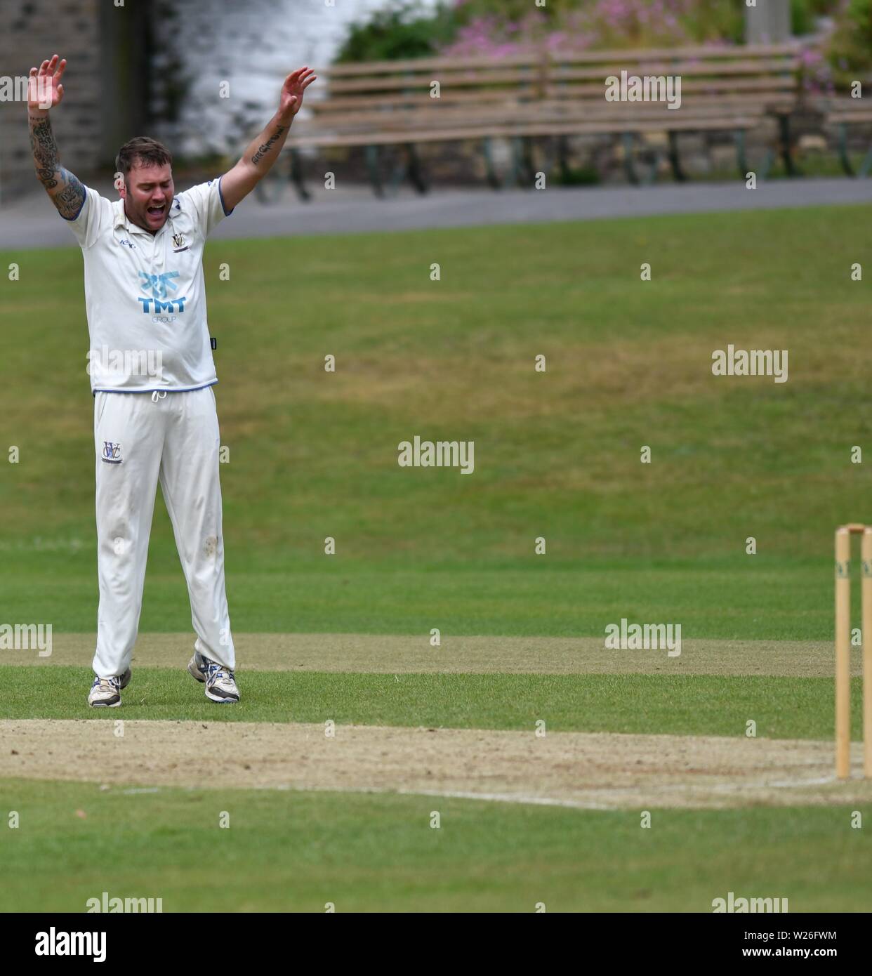 A bowler shows his delight at taking a wicket in the match between ...