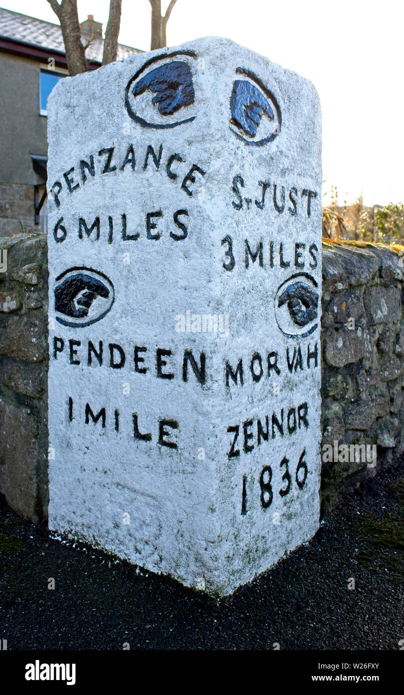 Ancient milestone dated 1836, at a road junction in west Cornwall ...