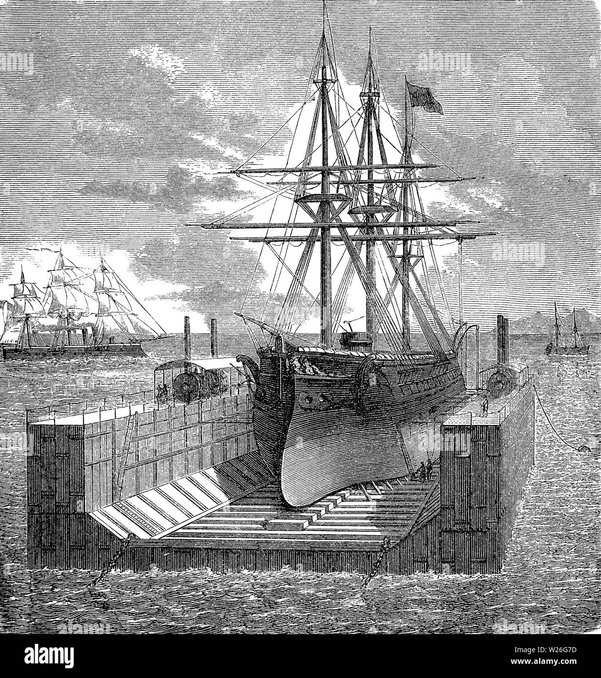 Ironclad warship in floating dock, floating pontoon and working ...