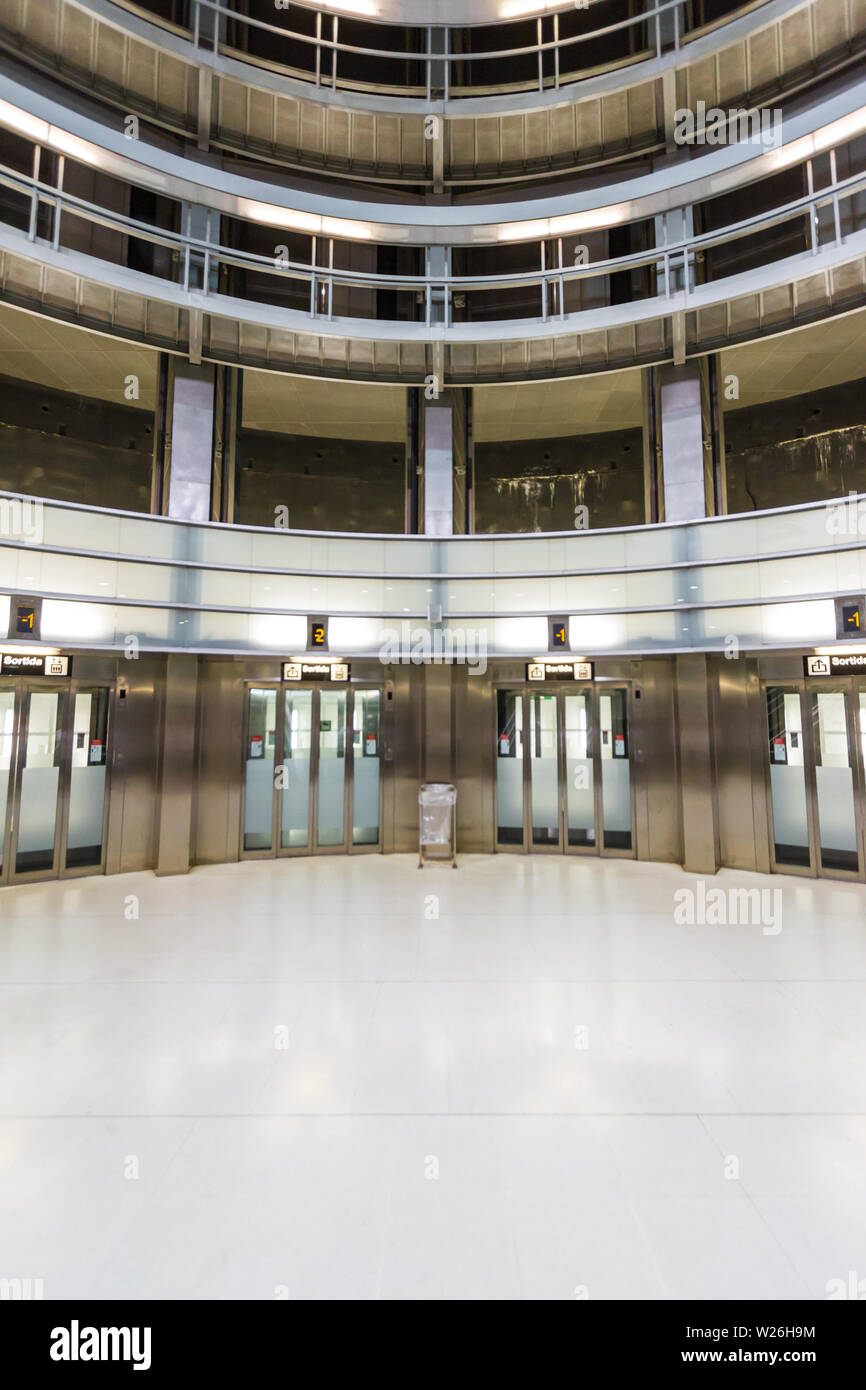 Barcelona, Spain - September 06, 2018: View of the lifts in the lobby ...