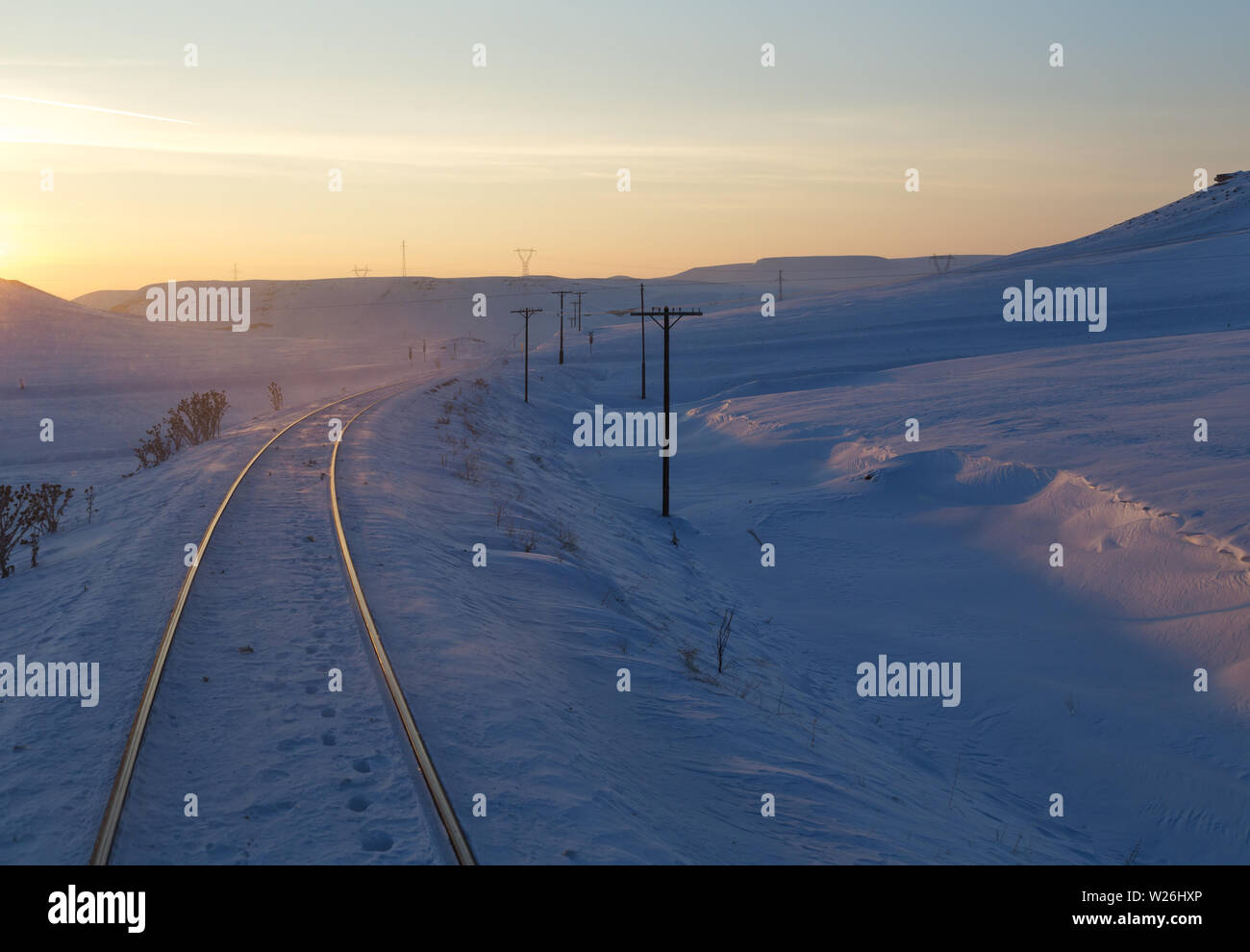 Snowy railway, background Stock Photo - Alamy