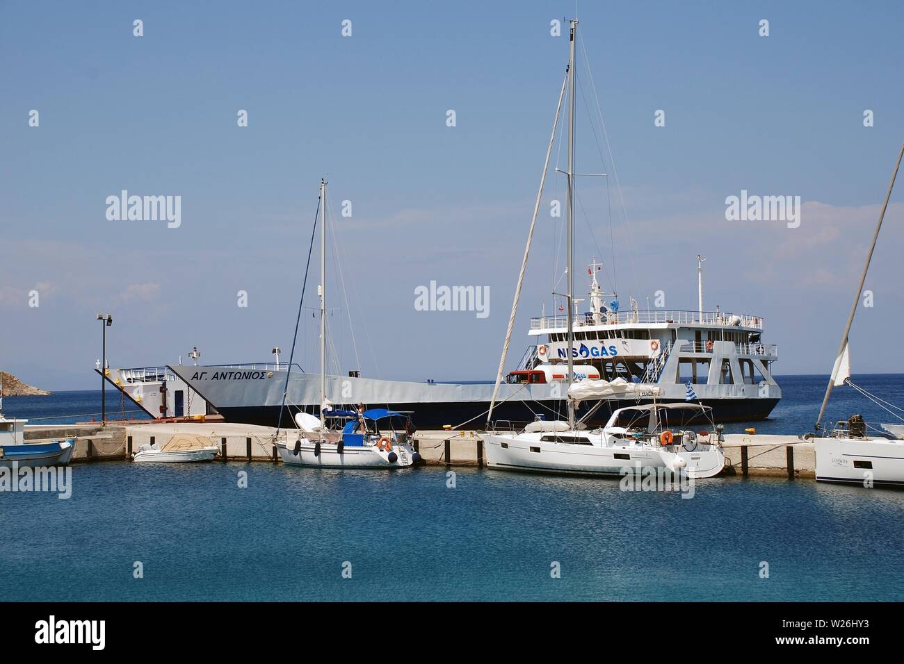 Cargo ship Agios Antonios moored at Livadia harbour on the Greek island ...