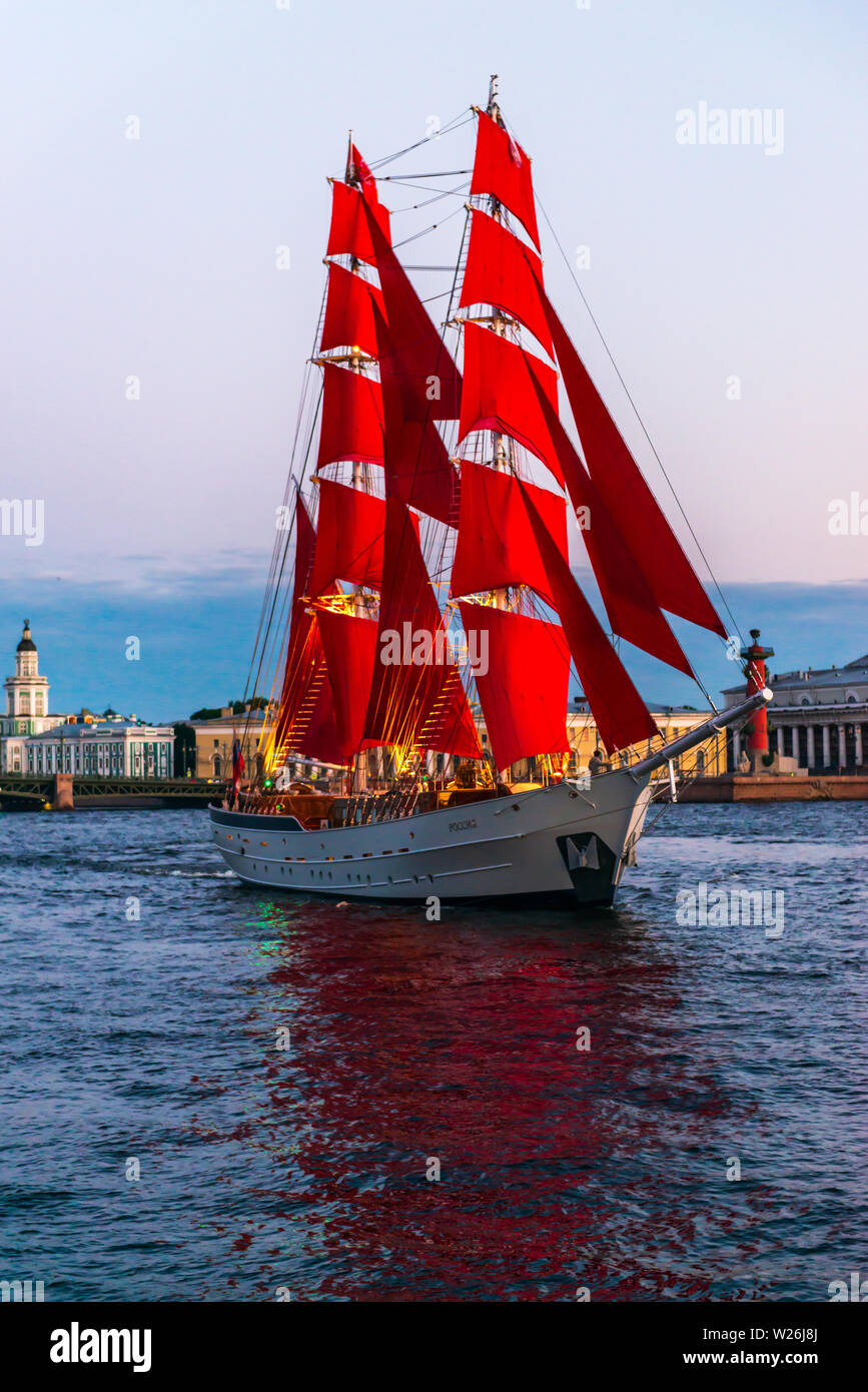 Ship with red sails sails on the Neva. Preparation for the holiday of ...