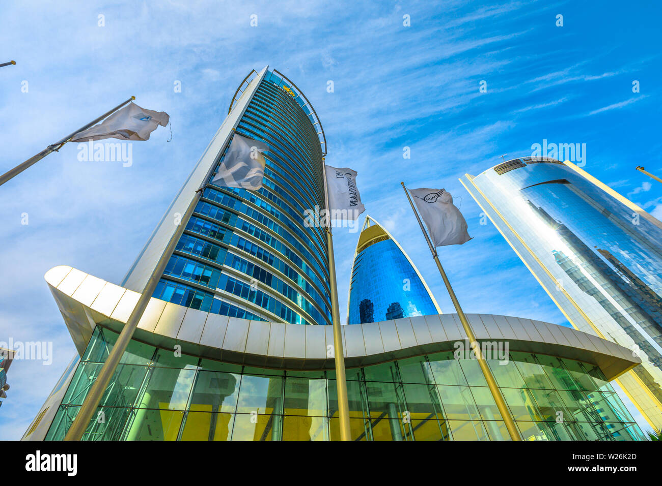 Doha, Qatar - February 17, 2019: bottom view of Vodafone Headquarters ...