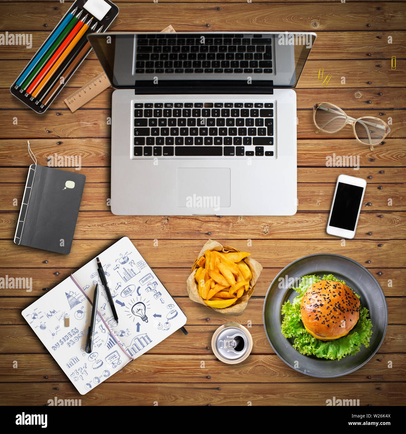 workspace with fastfood Stock Photo - Alamy