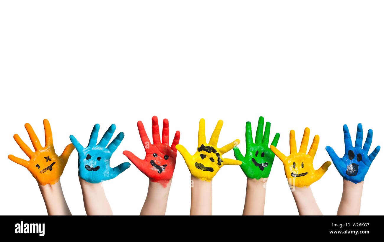 many colorful hands with smileys Stock Photo - Alamy