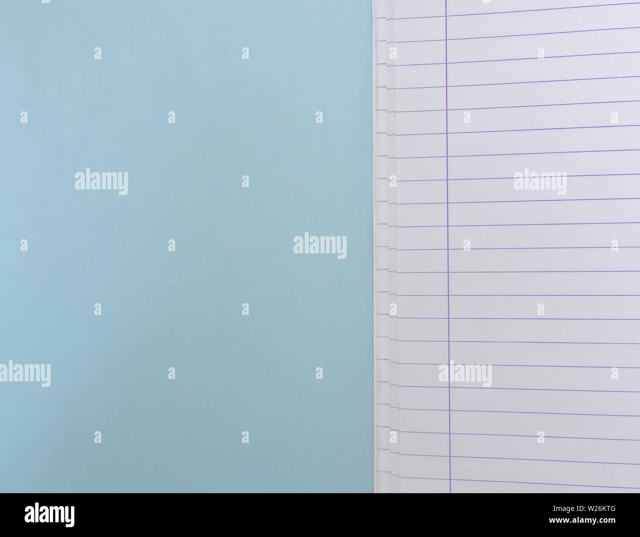 Open blank notebook with lined papers on light blue background with ...