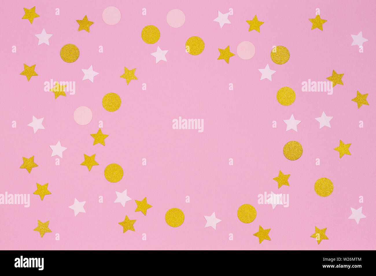 Festive pink background. Colorful confetti and golden stars on light ...