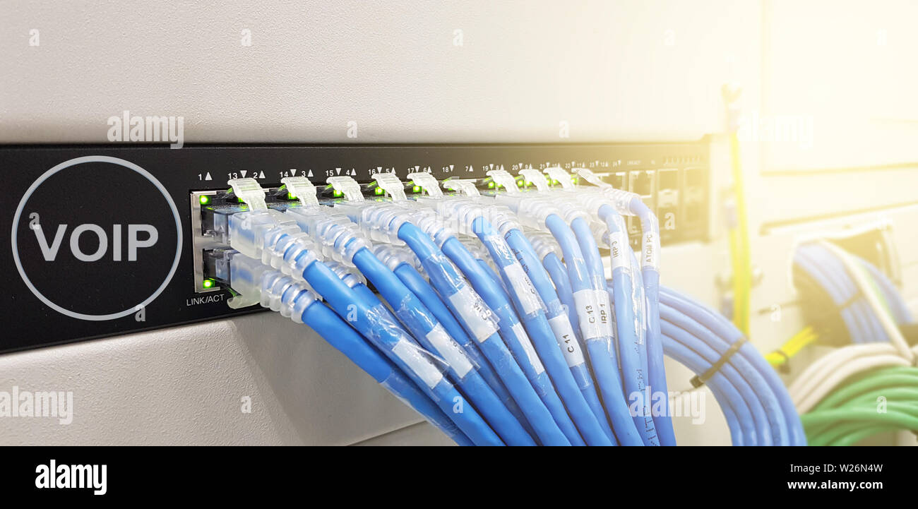 Network Line Cables in data center room background with virtual reality ...