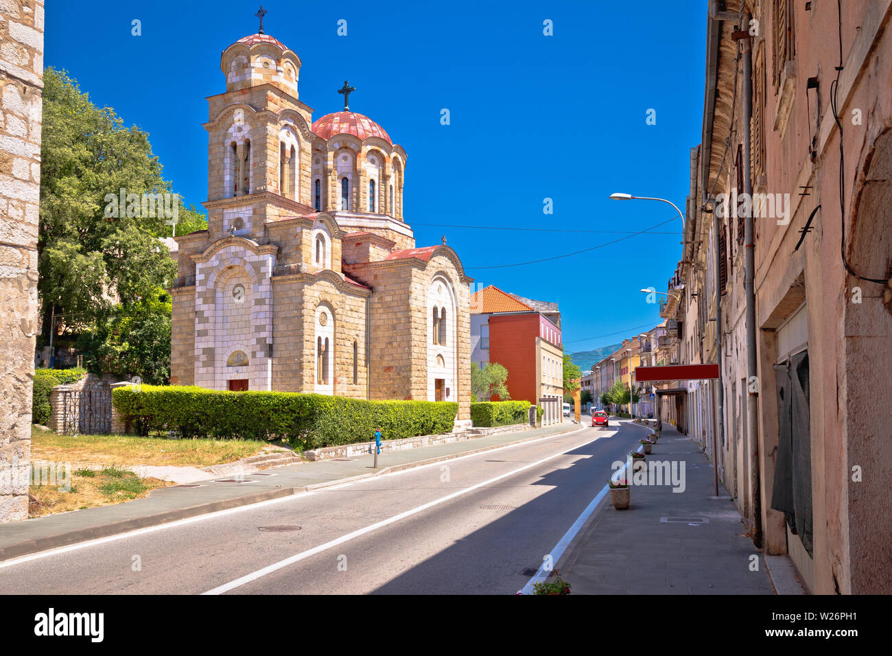 Town of Knin and Orthodox Church street view, Dalmatian Zagora region ...