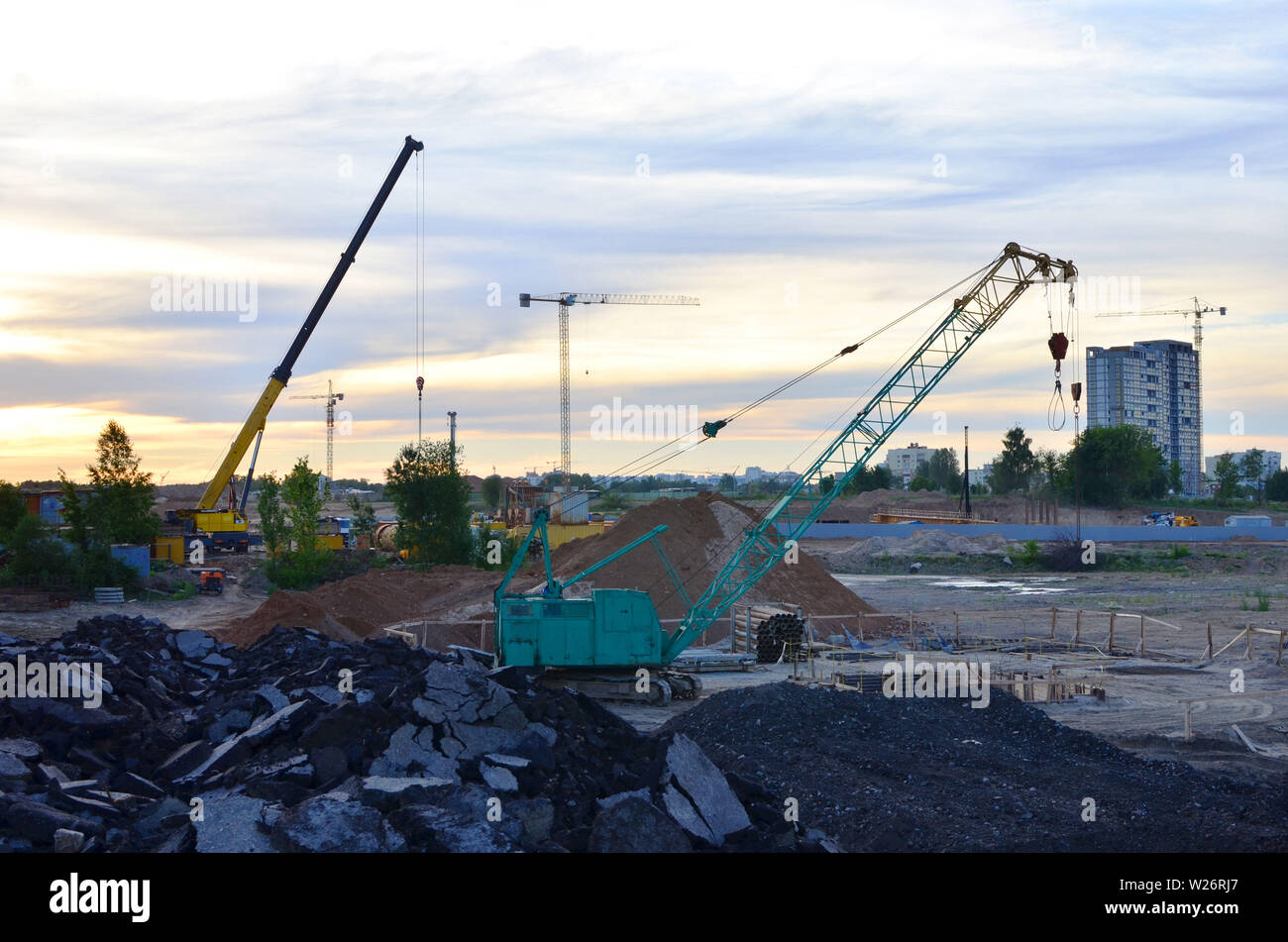 Crawler crane on the construction site for loading and unloading and ...