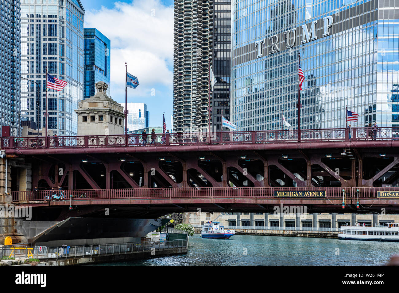 USA, Chicago, Illinois. May 10, 2019. Trump tower over Michigan avenue ...