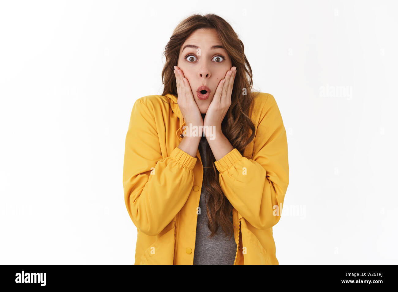 Shocked talkative emotive girl stunned wondering surprising rumor hear ...