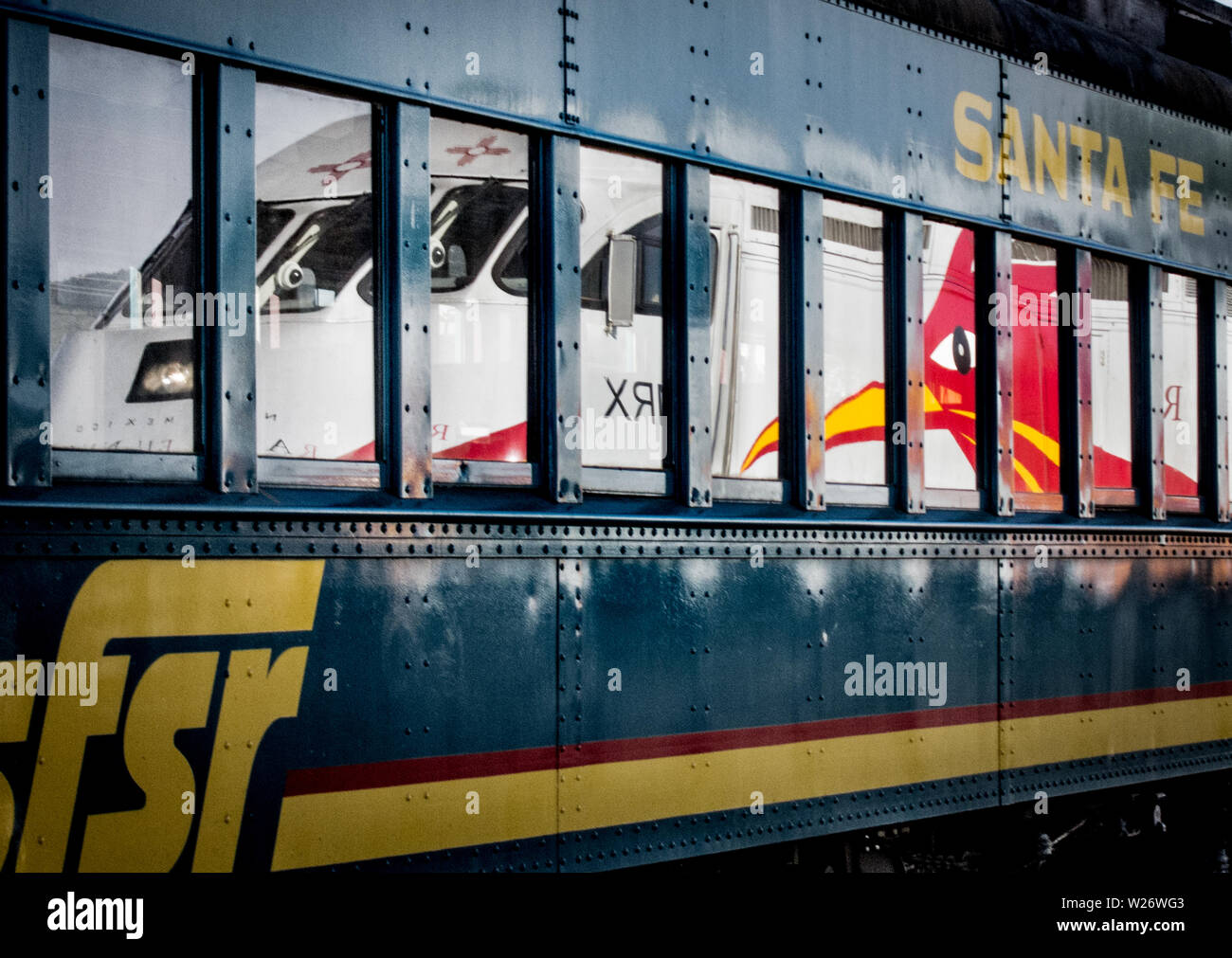 a green Santa Fe Southern Railway train in Santa Fe New Mexico ...